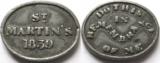 St. Martin's Established Church Communion Token 1839