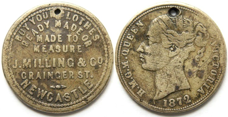 Extremely Rare John Milling & Co's Outfitters Newcastle Brass Farthing 1872