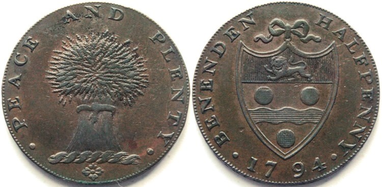 Scarce Thomas Reeves' Benenden Wheat Sheaf Kent Conder Halfpenny 1794