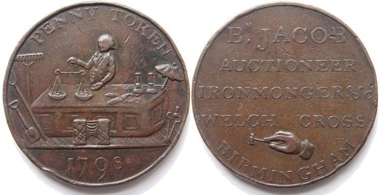 Very Rare Benjamin Jacob's Auctioneer Birmingham Conder Penny Token 1798